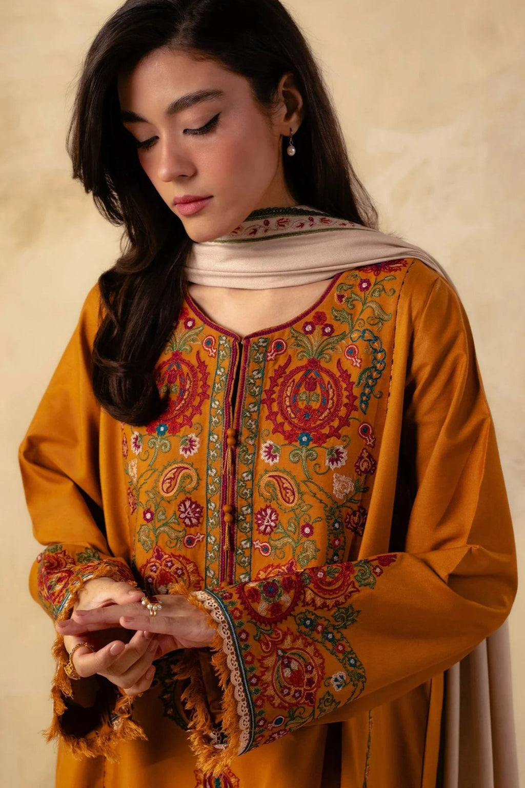 Zara shajahan 3PC Embroidered Dhanak with Dhanak Embroidered Shawl - G ...
